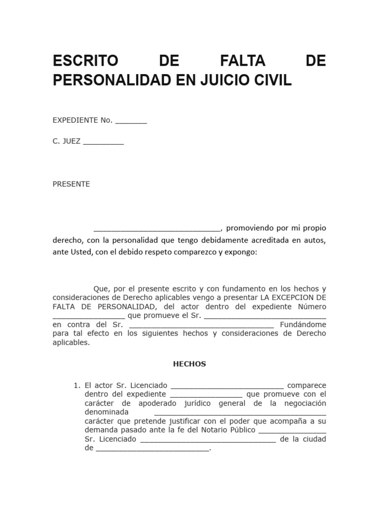 Escrito de Falta de Personalidad en Juicio Civil | PDF | Sentencia (ley) | Justicia