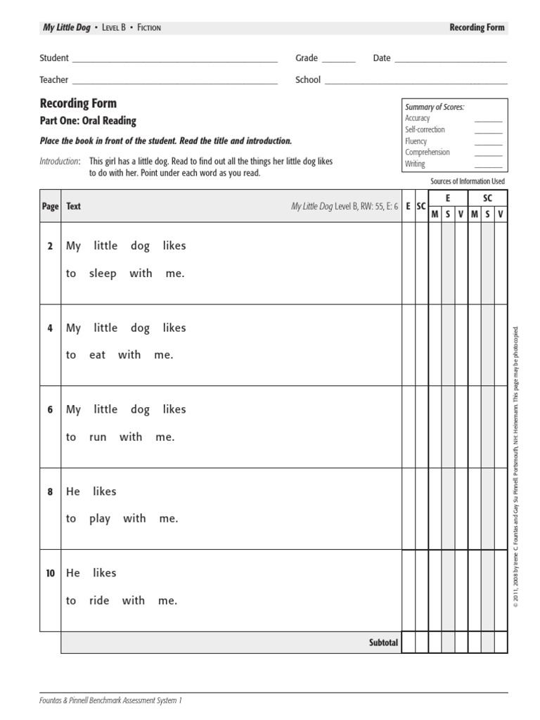 My Little Dog: Reading Assessment Form | PDF