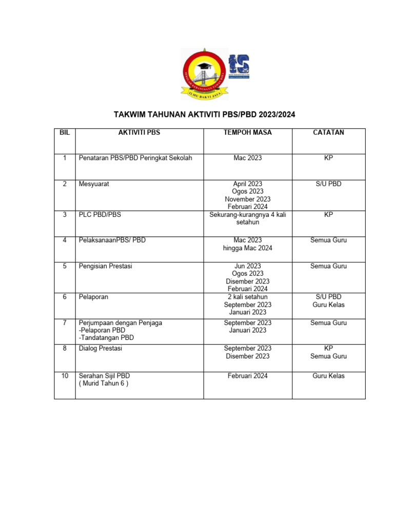 Takwim Aktiviti PBD 2023 | PDF