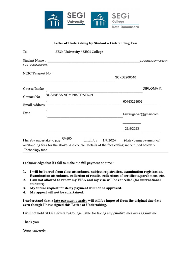 Student Undertaking for Fee Payment | PDF