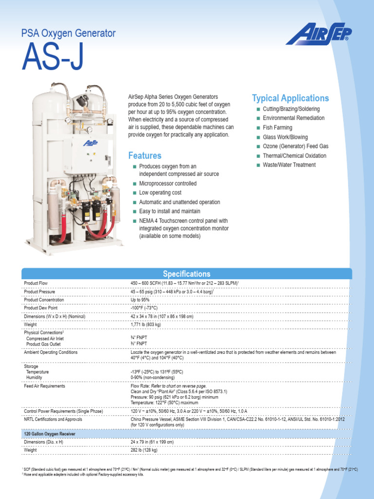AirSep as-J Datasheet | PDF | Oxygen | Atmosphere Of Earth