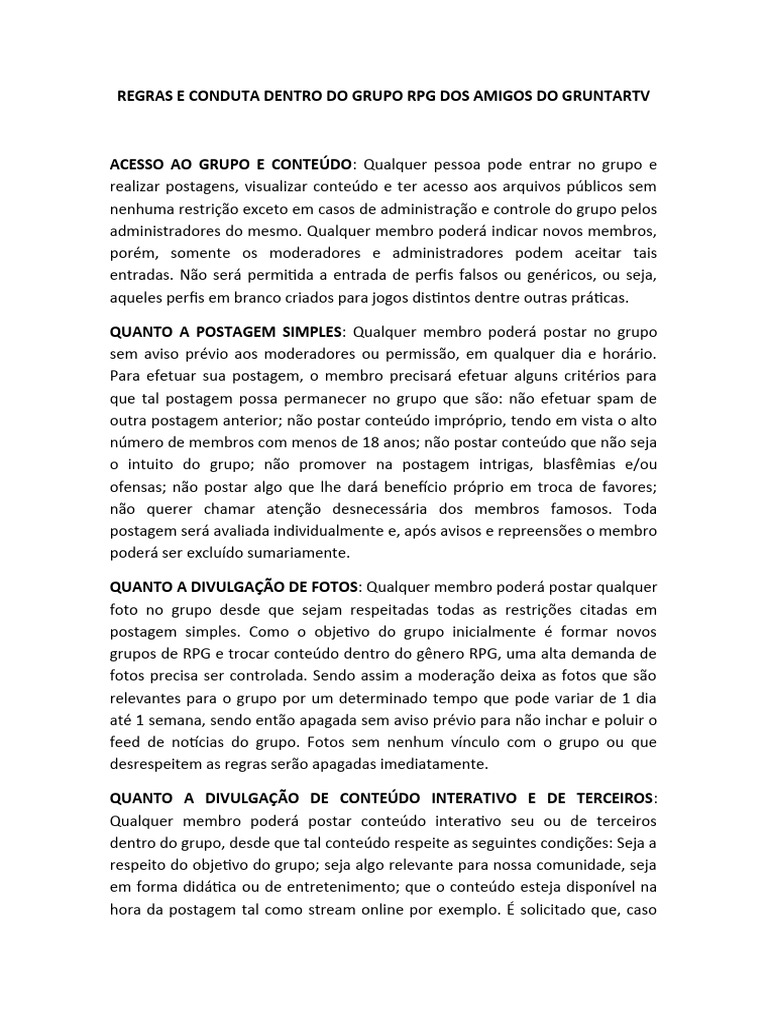 REGRAS E CONDUTA DENTRO DO GRUPO RPG DOS AMIGOS DO GRUNTARTV | PDF ...