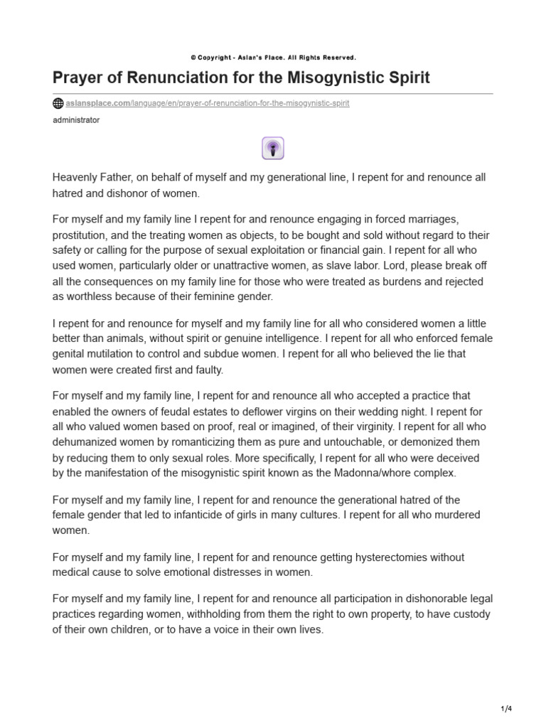 Prayer of Renunciation For The Misogynistic Spirit | PDF | Prayer | Jesus