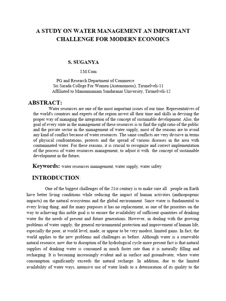 A Study On Water Management An Important Challenge For Modern Econoics ...