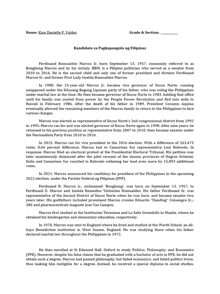 Biography of Ferdinand R. Marcos Jr. | PDF | Philippines | Presidencies