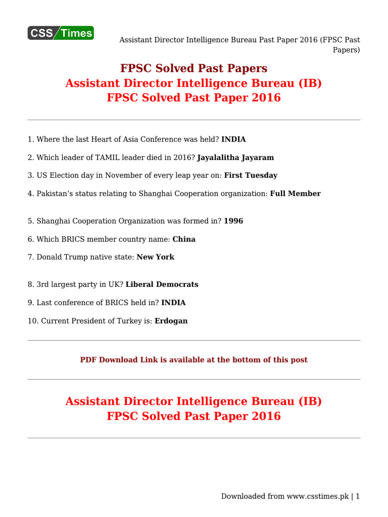 Assistant Director Intelligence Bureau Past Paper 2016 (FPSC Past ...