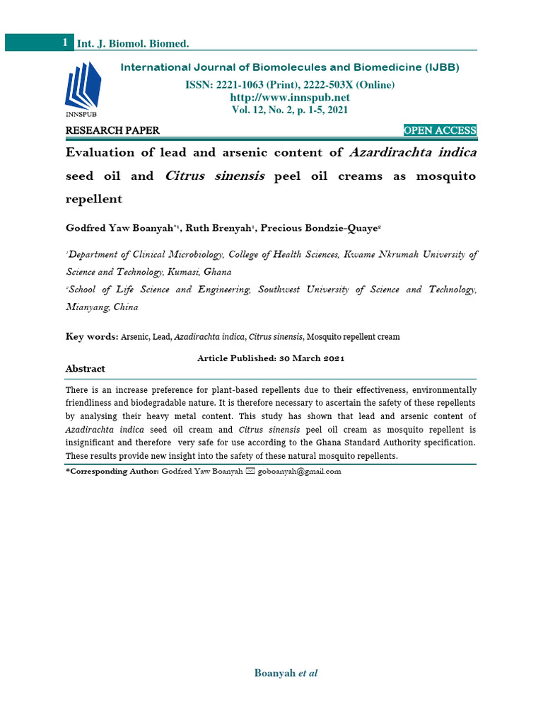 Evaluation of Lead and Arsenic Content of Azardirachta Indica Seed Oil and Citrus Sinensis Peel ...