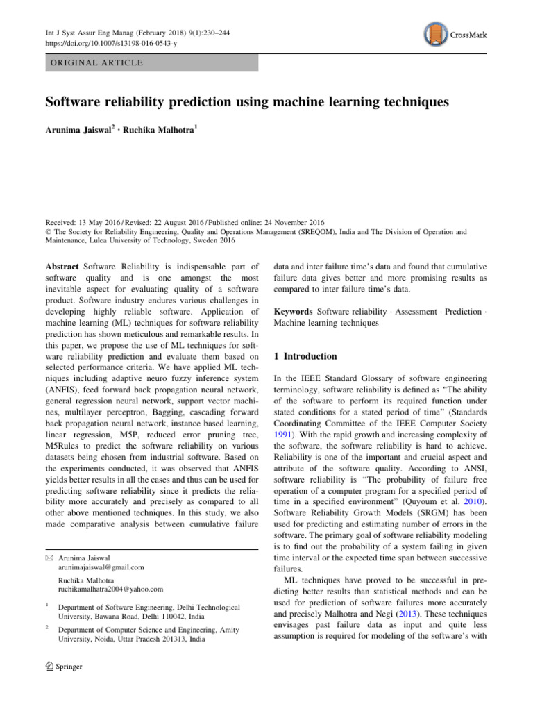 Software Reliability Prediction Using Machine Learning Techniques | PDF | Tecnología