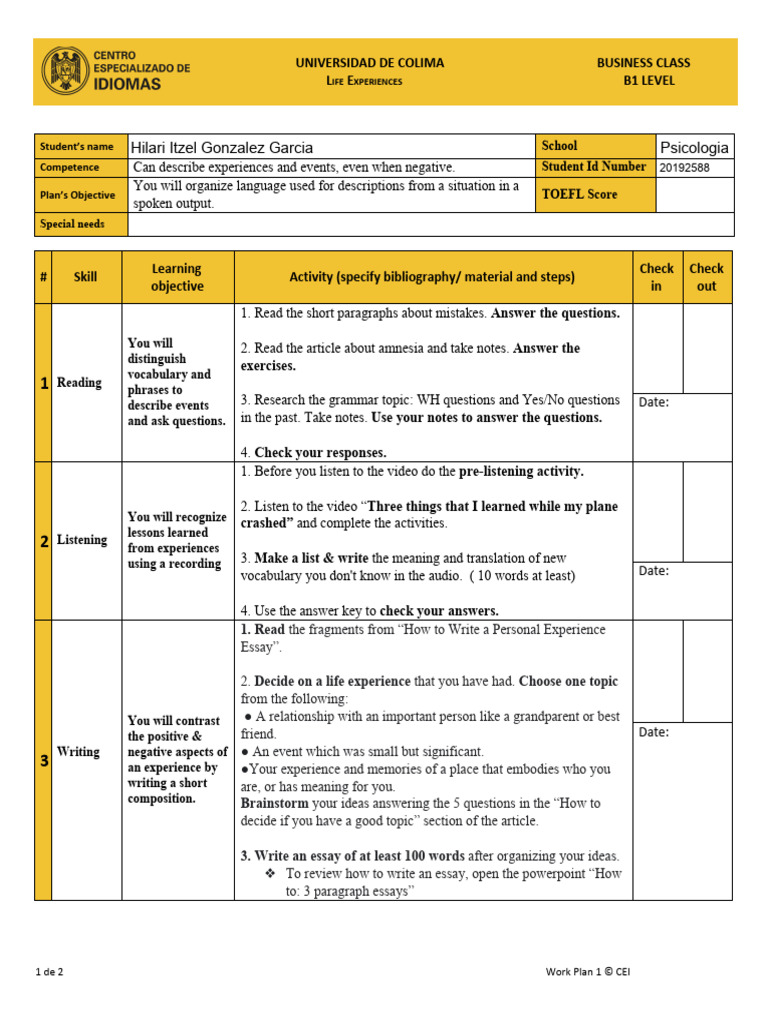 B1 Plan 1 Life Experiences Pdf Experience Essays