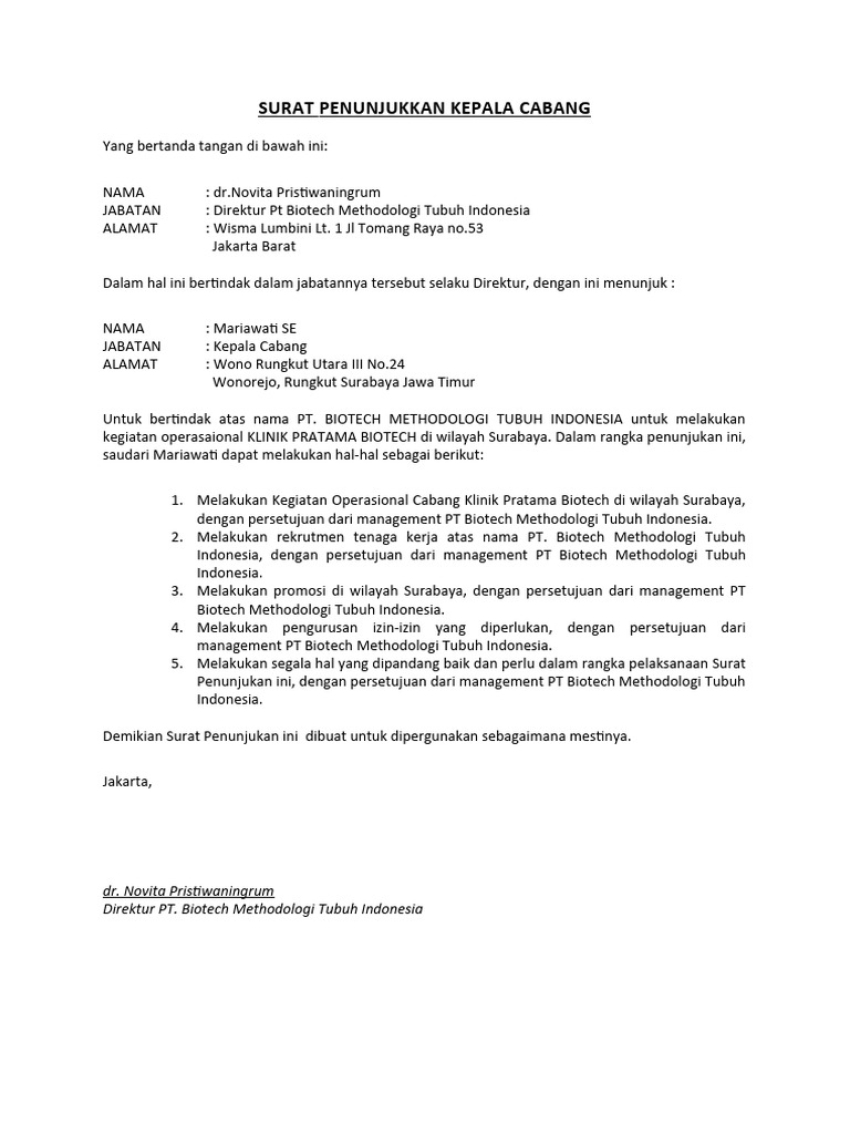 Surat Penunjukkan Kepala Cabang | PDF