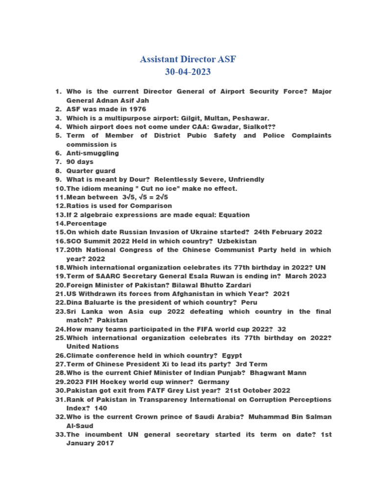 Assistant Director ASF 30 April 2023 | PDF | Pakistan | Benazir Bhutto