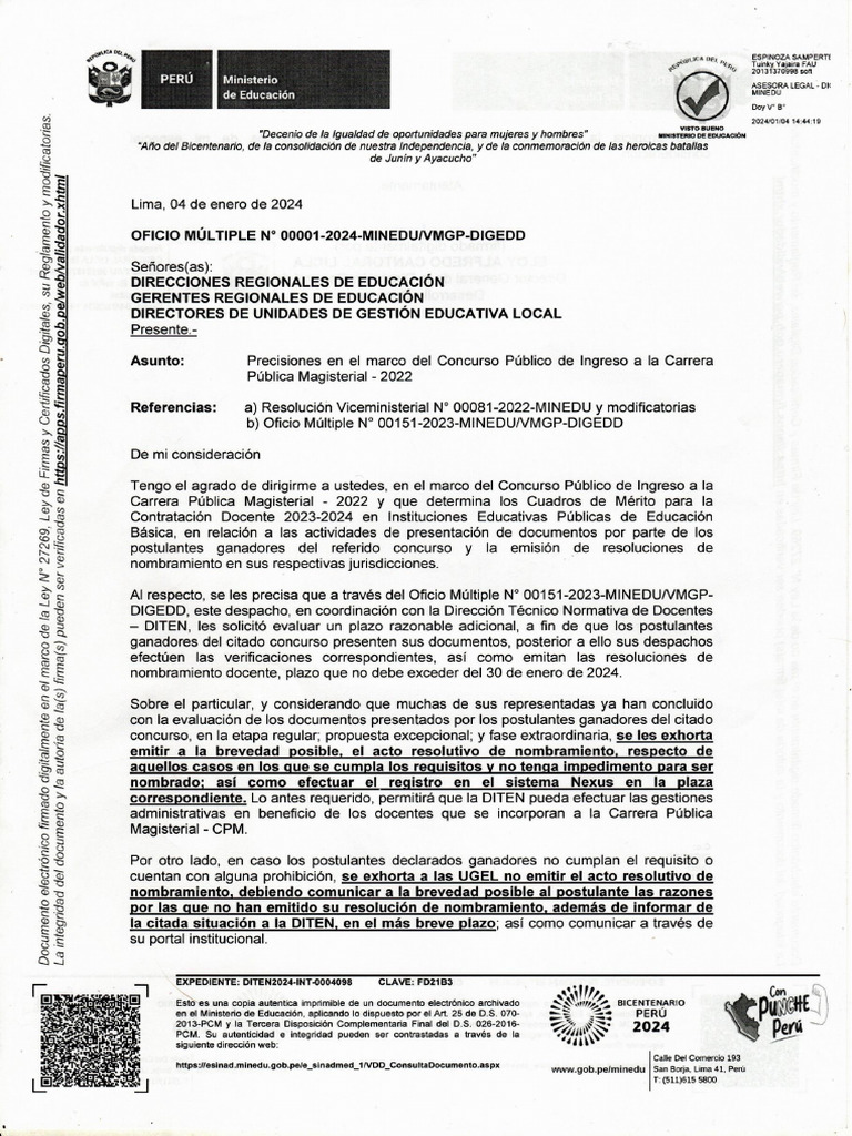 Oficio Multiple 00001-2024-Minedu | PDF