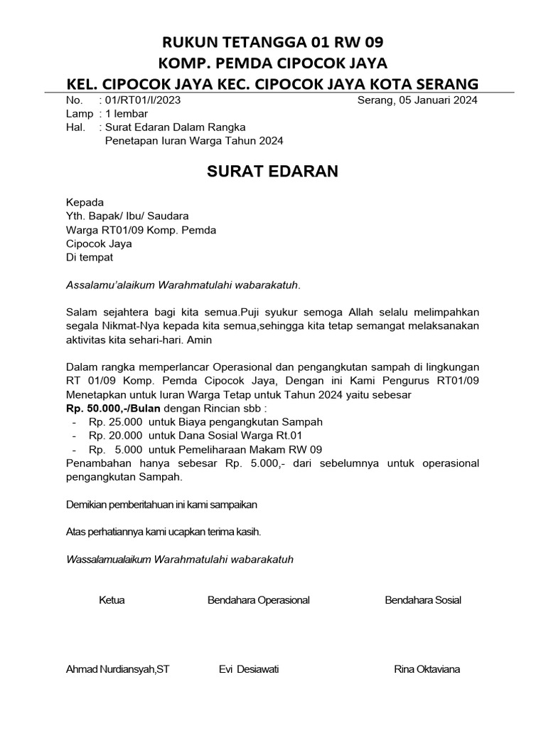 Iuran Warga RT01/09 2024: Detail dan Rincian | PDF