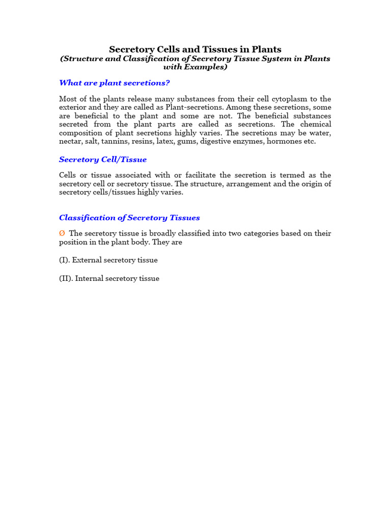 Secretory Cells and Tissues in Plants | PDF | Tissue (Biology) | Leaf
