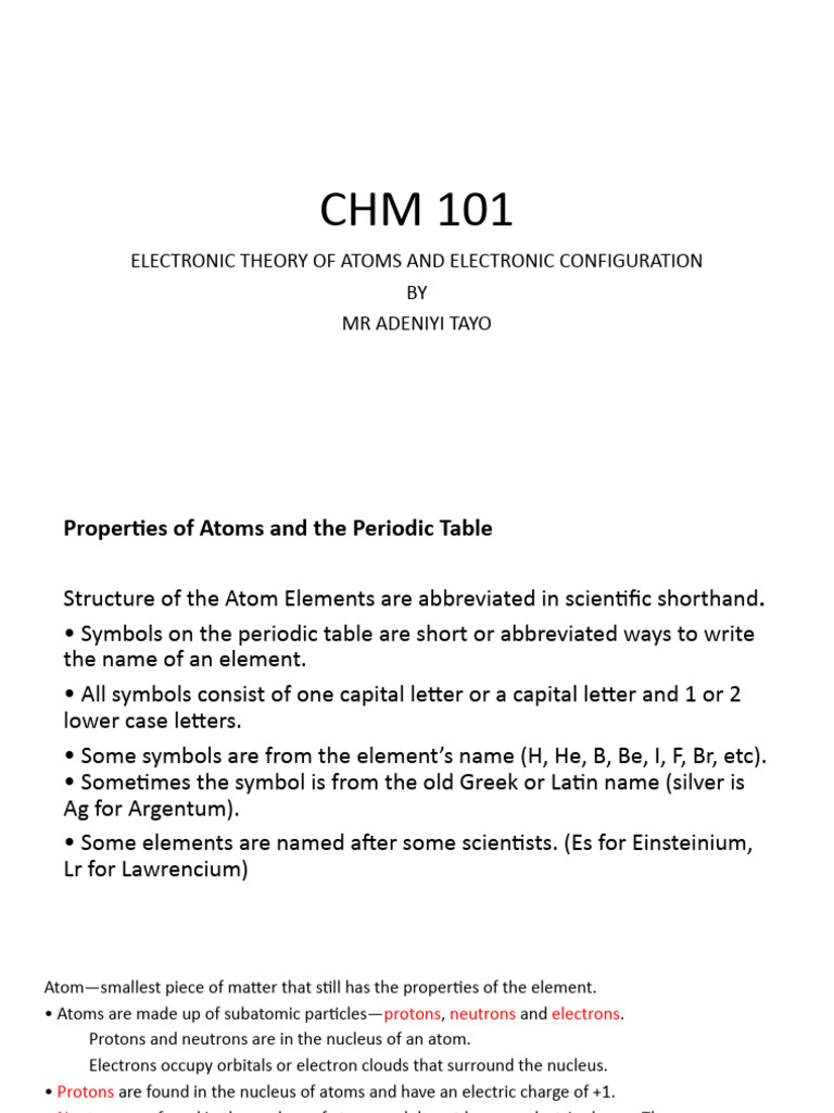 CHM 101 (Electronic configuration) | PDF | Atoms | Atomic Orbital