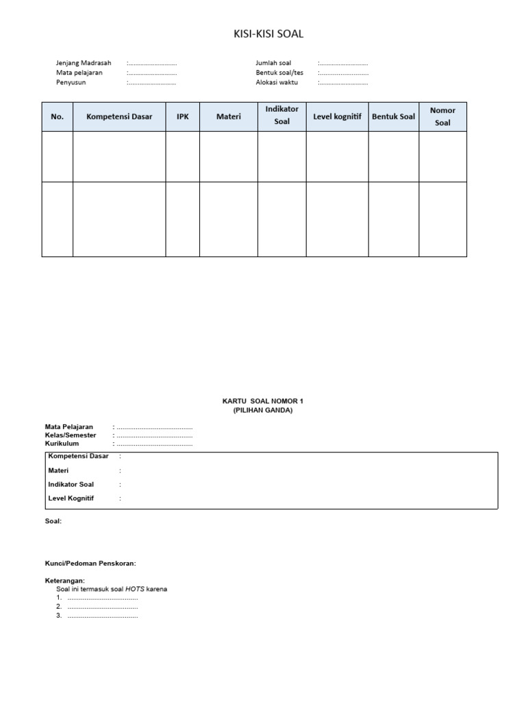 KISI Kisi Dan Kartu Soal | PDF