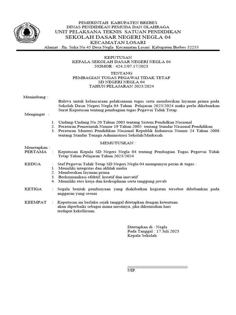 Pembagian Tugas PTT SD Negla 04 2023 | PDF