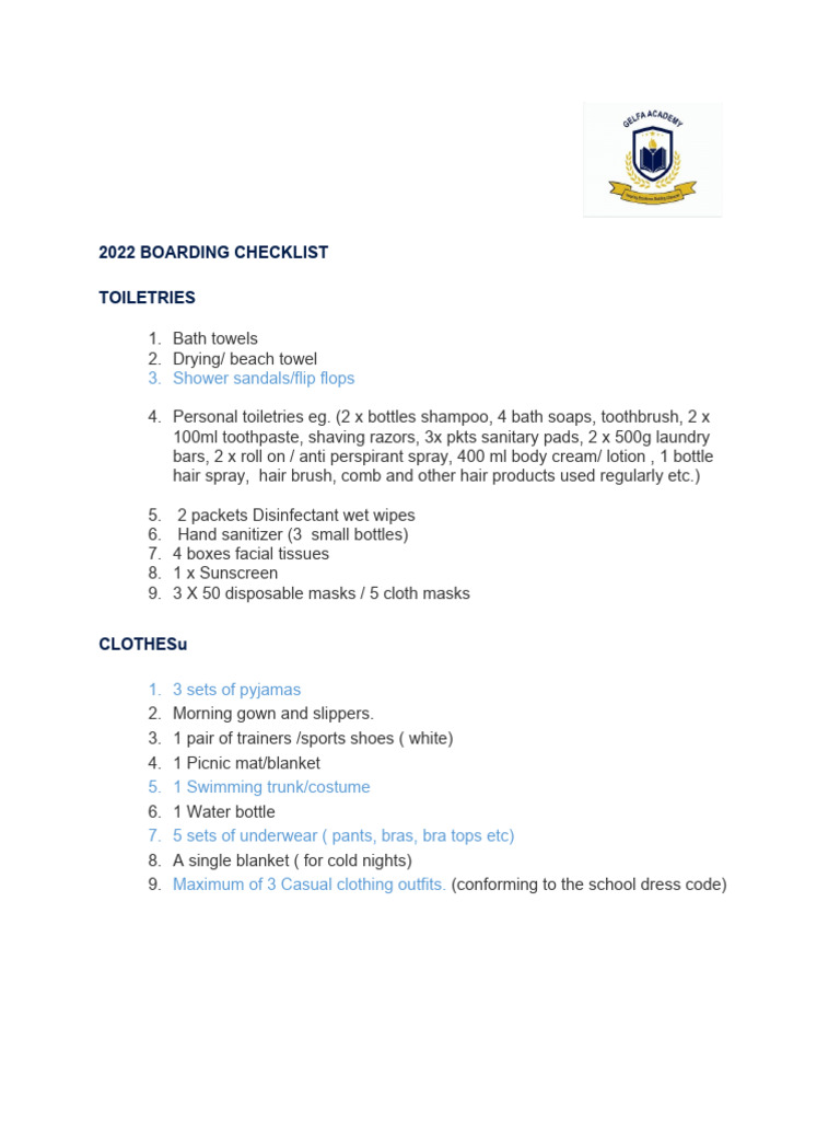 GELFA ACADEMY PACKING CHECKLIST | PDF