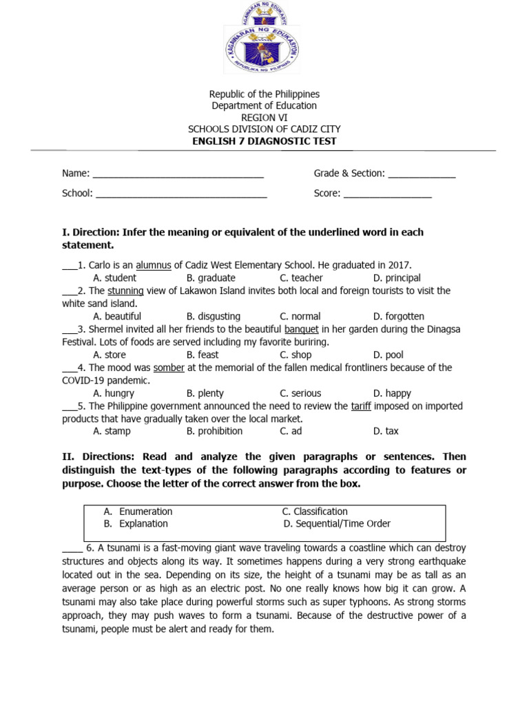English 7 Diagnostic Test | PDF