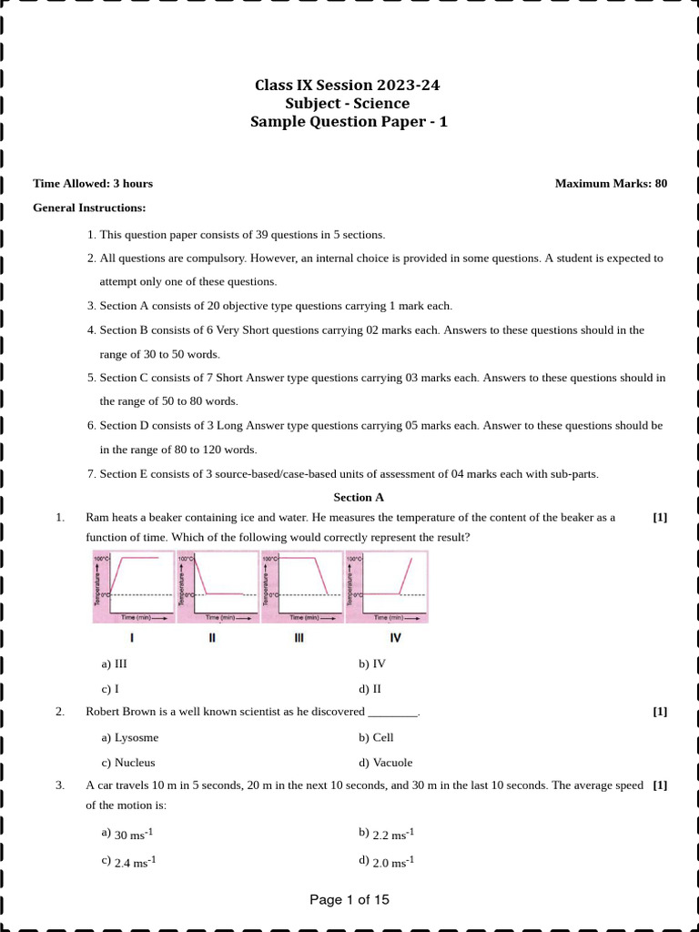 Class 9 Science Sample Paper 2023-24 | PDF | Colloid | Mixture