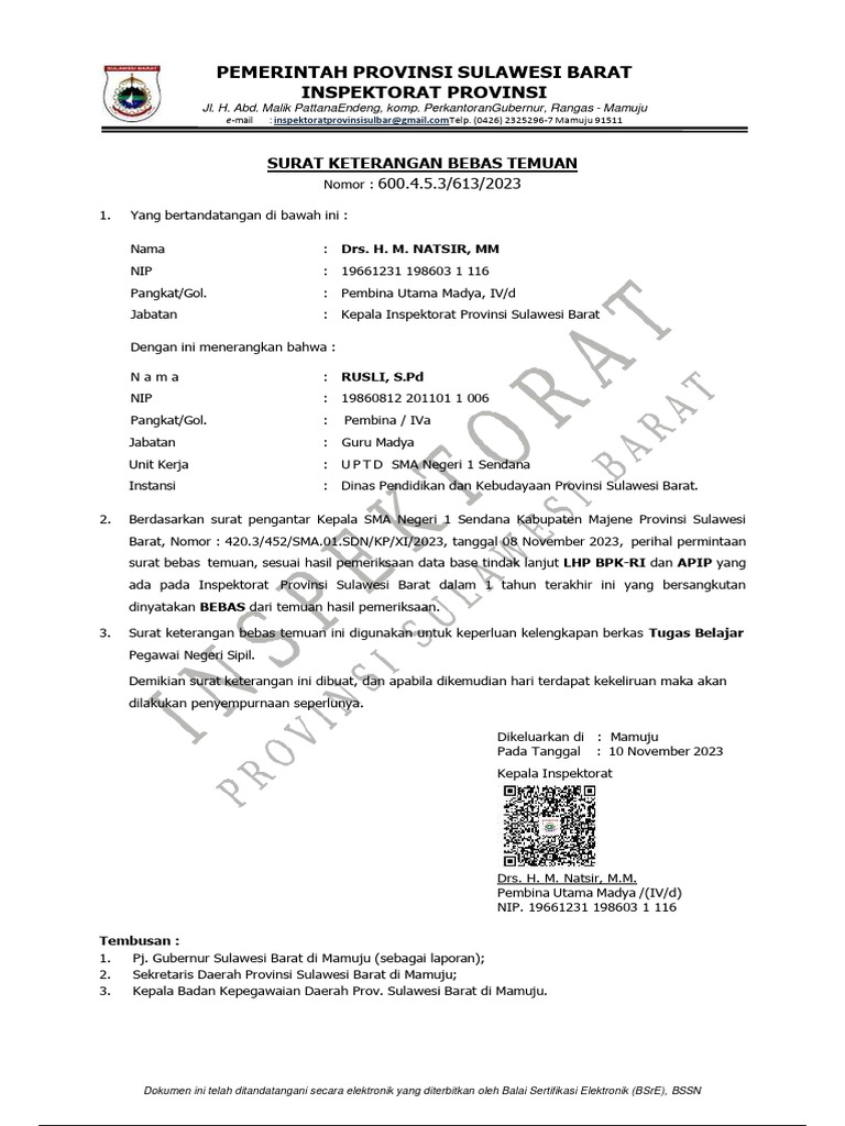 10-Surat Ket-Bebas Temuan Inspektorat | PDF