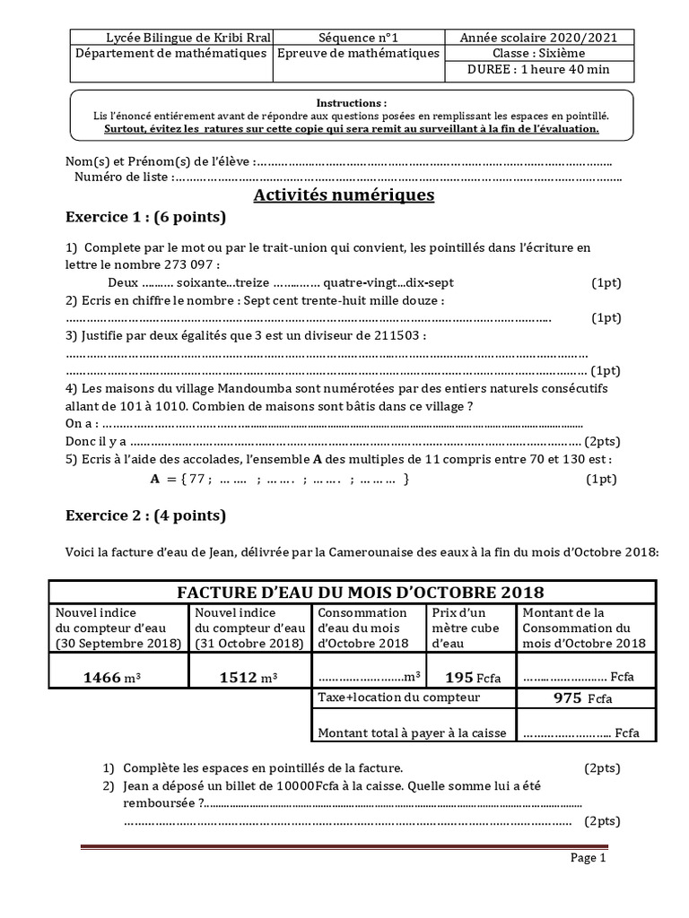Évaluation de Mathématiques 6ème | PDF | Mathématiques
