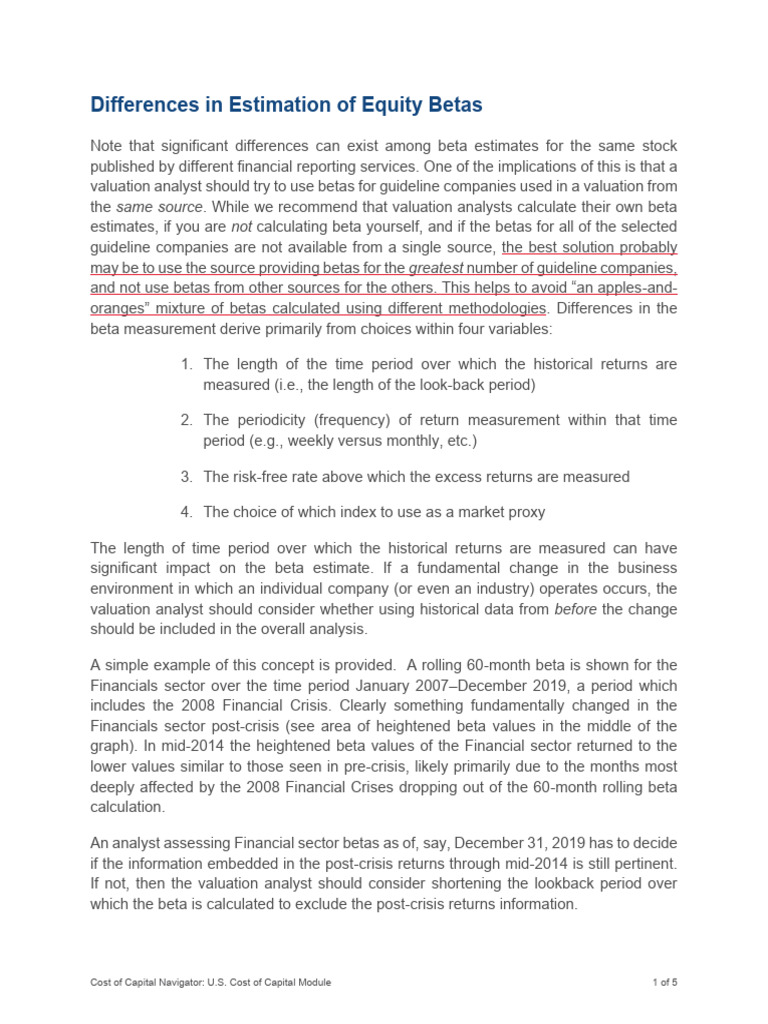 Differences in Estimation of Equity Betas | PDF | Beta (Finance ...