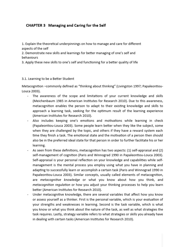 CHAPTER 3 Managing and Caring For The Self | PDF | Self Efficacy | Stress (Biology)