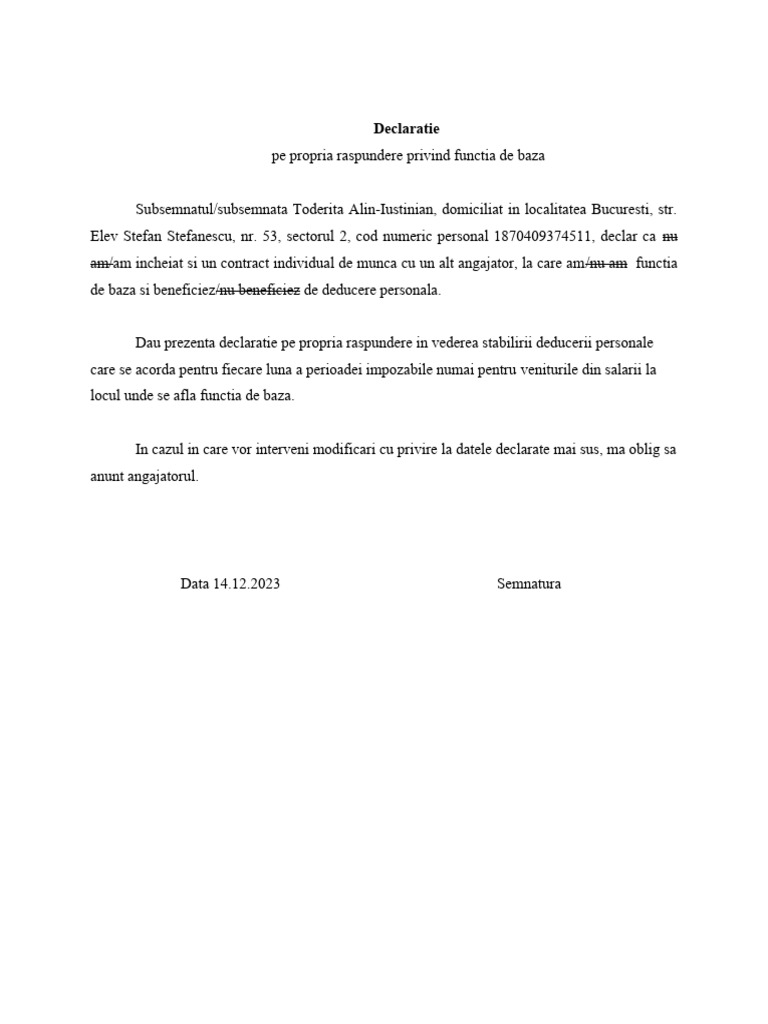 Declaratie Propria Raspundere Functia de Baza | PDF