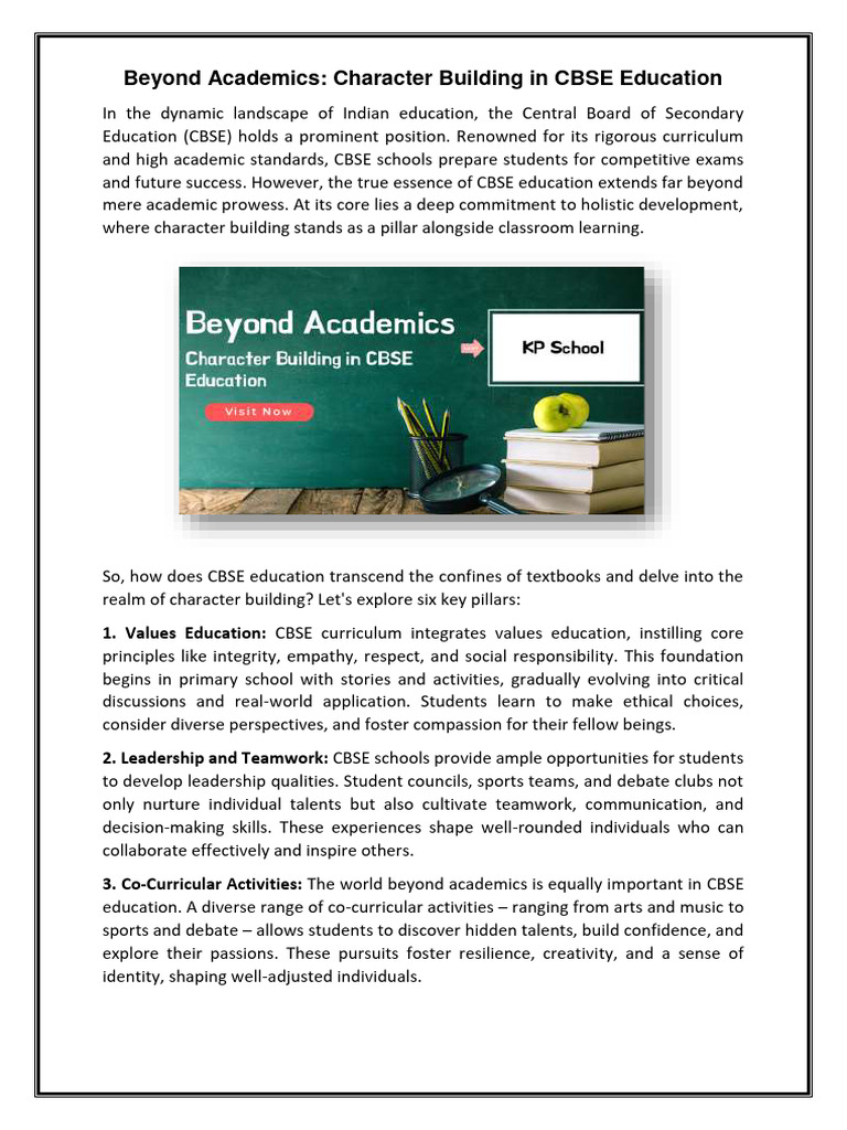 Beyond Academics Character Building in CBSE Education | PDF | Project Based Learning | Human ...