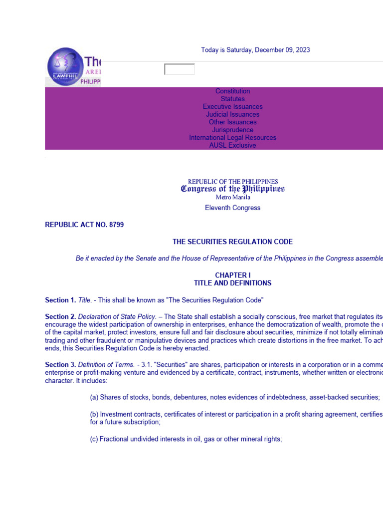 Securities Regulation Code | PDF | Securities (Finance) | Stocks