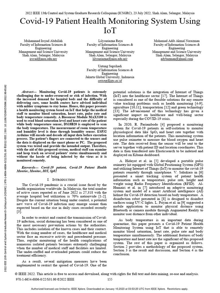 Covid-19 Patient Health Monitoring System Using IoT | PDF | Monitoring ...