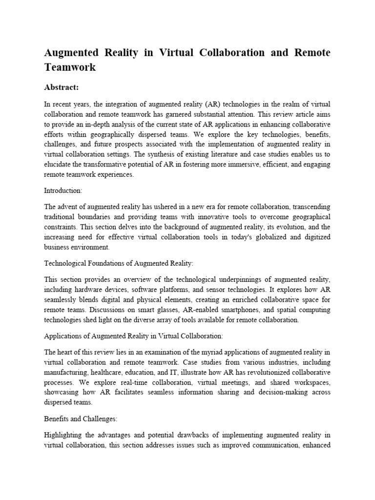 Augmented Reality in Virtual Collaboration and Remote Teamwor1 | PDF | Augmented Reality ...