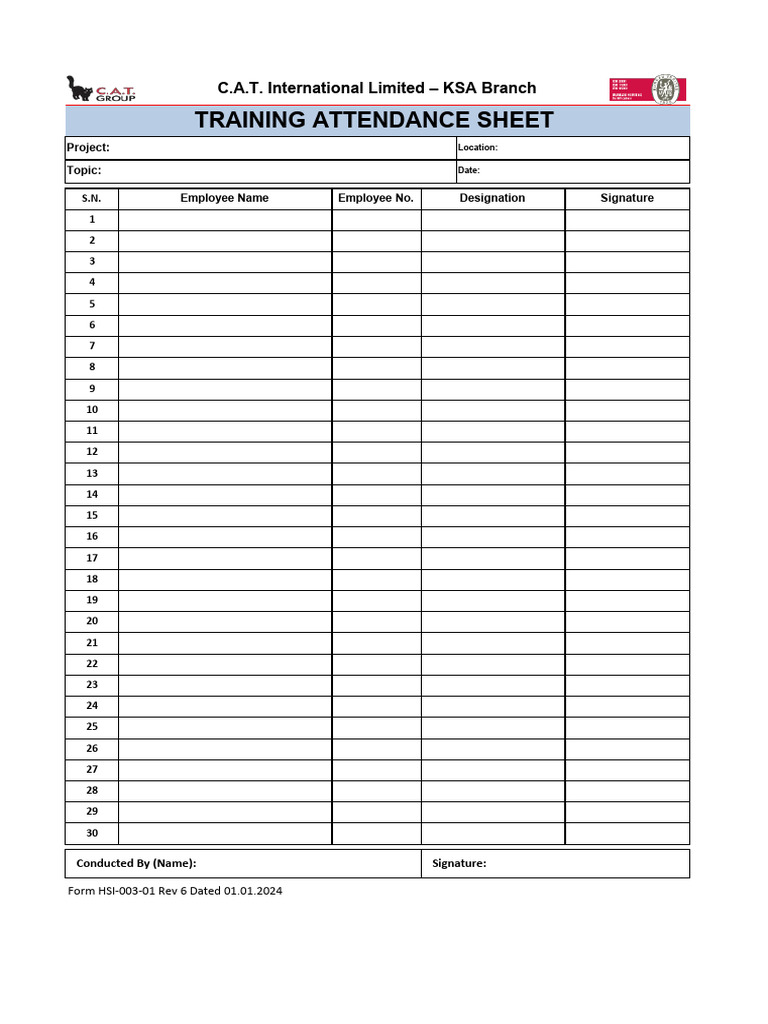 Form HSI-003-01 Training Attendance Sheet | PDF