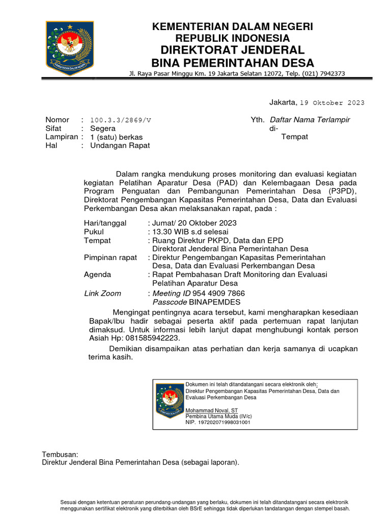 Undangan Rapat Pembahasan Draft Monev PAD | PDF