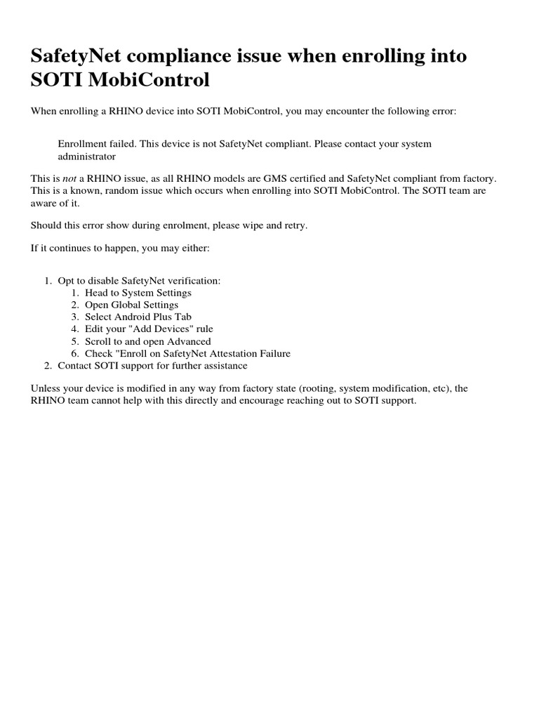 SafetyNet Compliance Issue When Enrolling Into SOTI MobiControl | PDF
