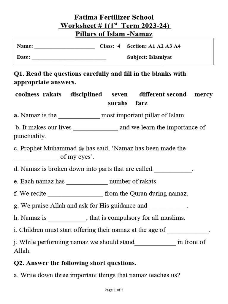 Namaz Worksheet for Class 4 Islamiyat | PDF