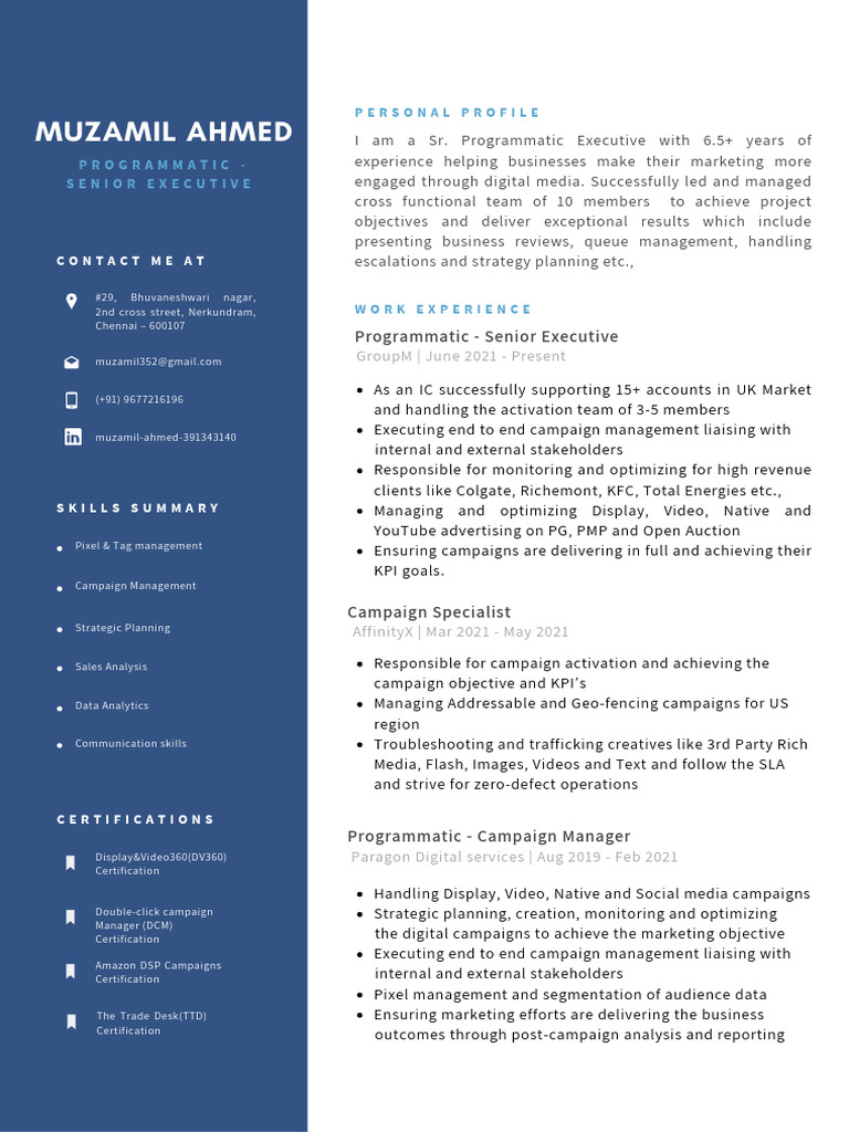 Muzamil - Ahmed - Senior - Programmatic - Executove - Resume 1 | PDF ...