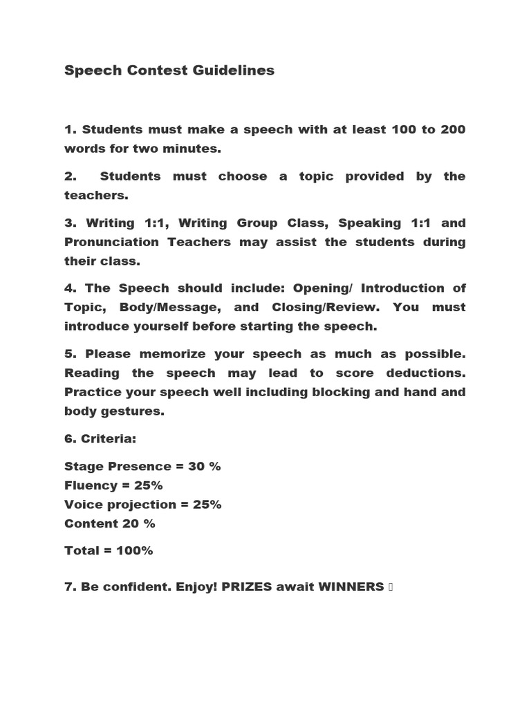 Speech Contest Guidelines and Topics | PDF