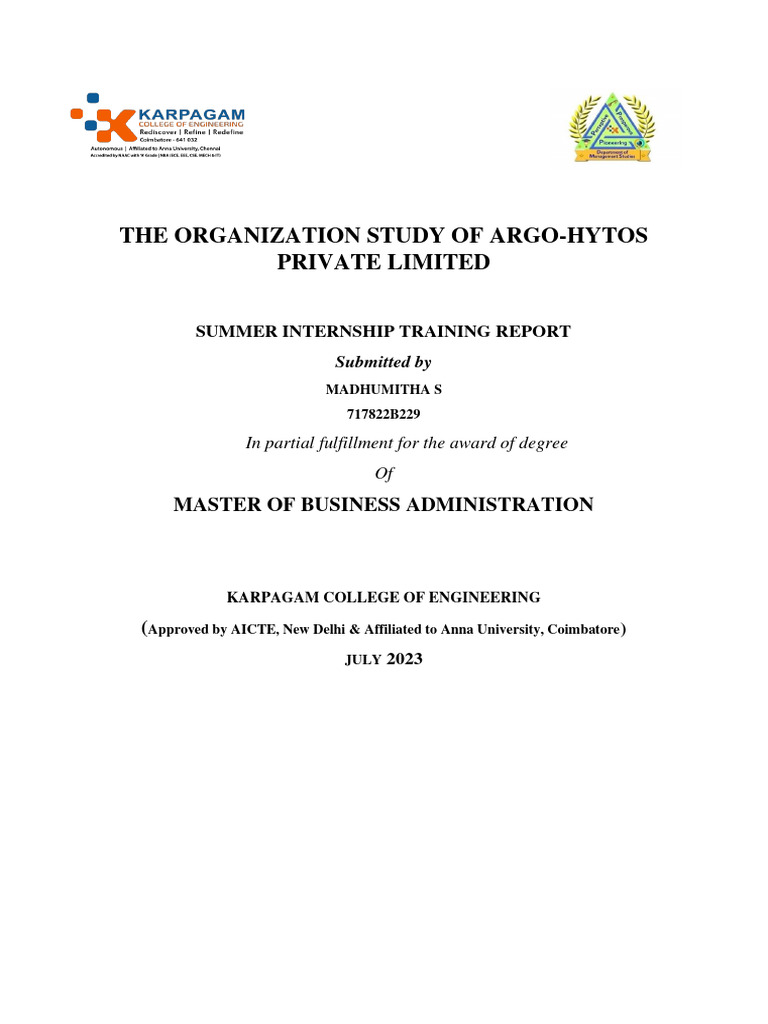 THE ORGANIZATION STUDY OF ARGO HYTOS PRIVATE LIMITED (AutoRecovered) | PDF | Human Resources ...