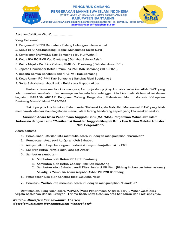 Susunan Acara Mapaba Pmii | PDF | Memasak, Makanan, & Anggur