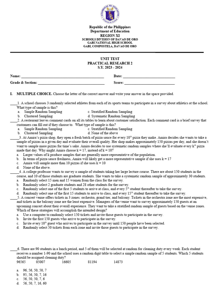 Unit Test PR2 | PDF | Sampling (Statistics) | Hypothesis