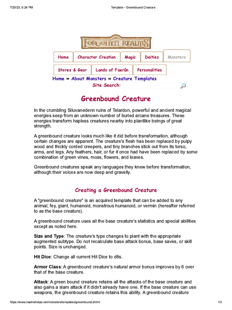 Template - Greenbound Creature | PDF