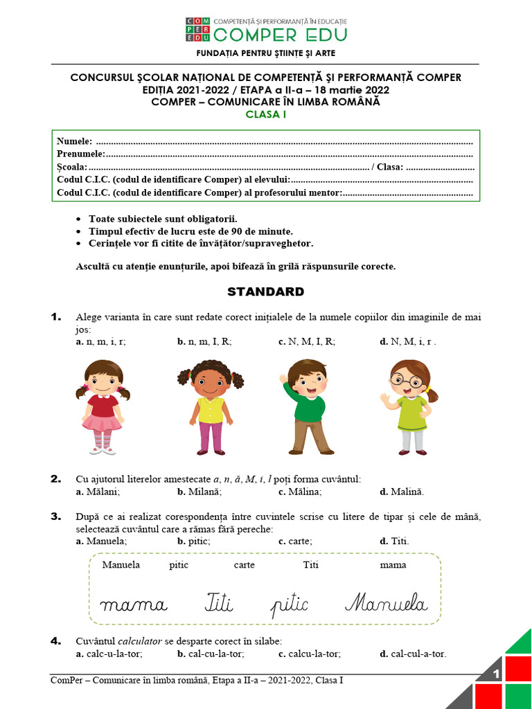 Subiect Comper Romana EtapaII 2021 2022 ClasaI | PDF