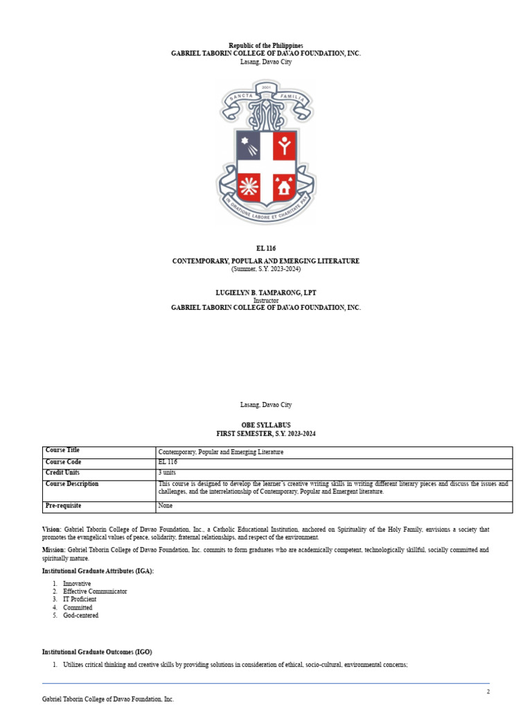 Syllabus On Contemporary, Popular and Emerging Literature | PDF | Curriculum | Learning