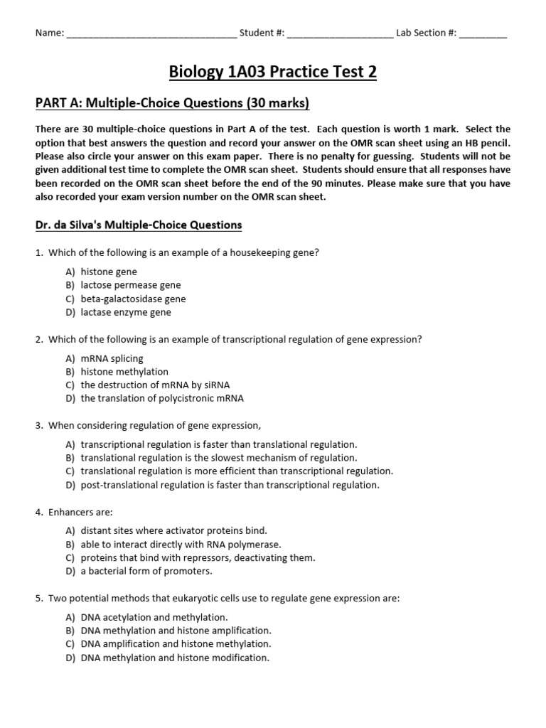 Bio1A03 Practice Test 2 | PDF | Regulation Of Gene Expression | Operon Bio1A03 Practice Test 2 | PDF | Regulation Of Gene Expression | Operon