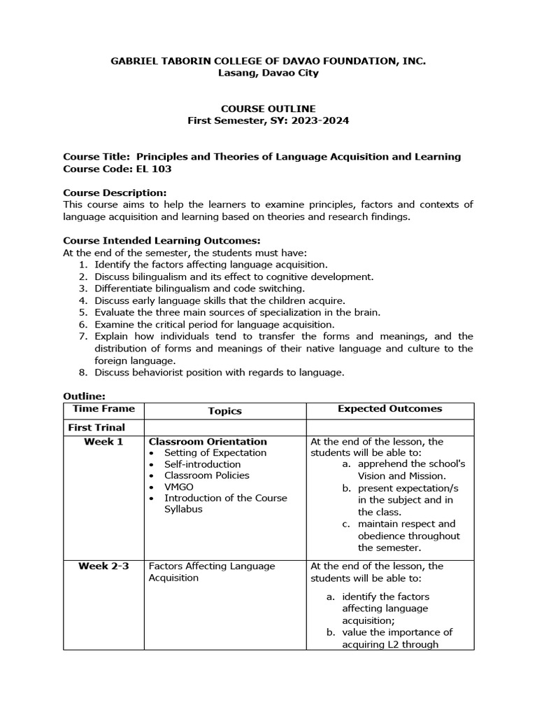 Language Acquisition Course Outline 2023 | PDF | Second Language | Language Acquisition