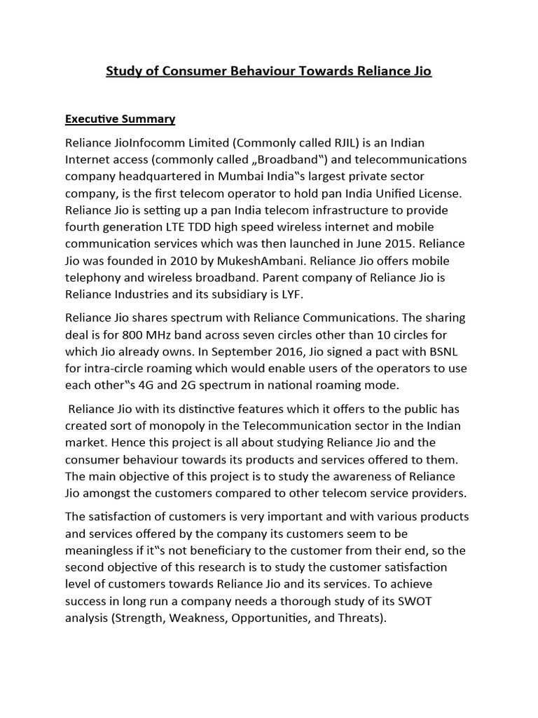 Study of Consumer Behaviour Towards Reliance Jio | PDF ... Study of Consumer Behaviour Towards Reliance Jio | PDF ...