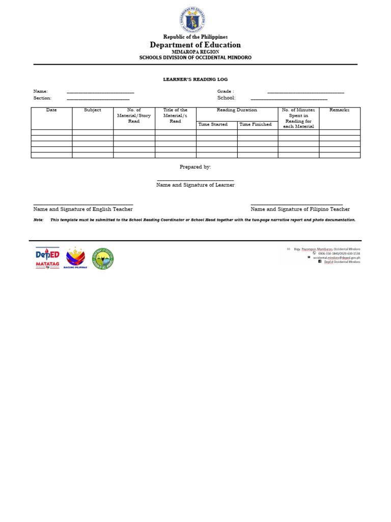 Learners Reading Log | PDF