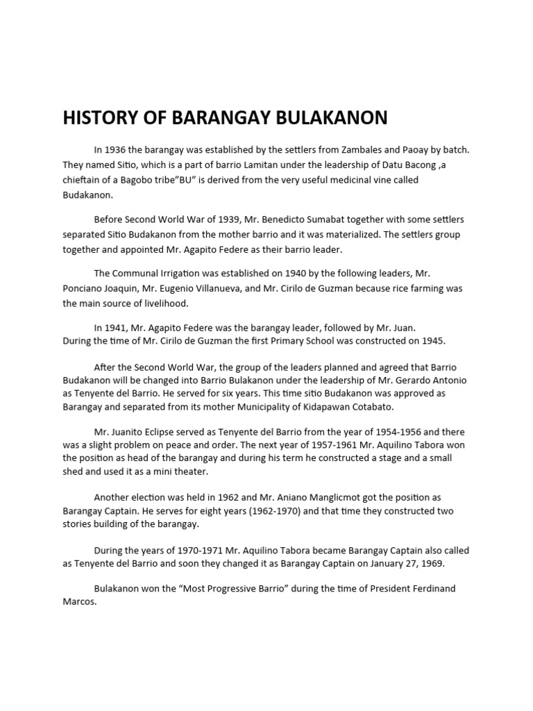 History of Barangay Bulakanon | PDF | Philippines